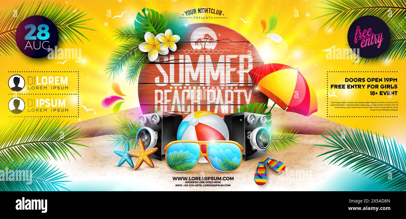 Summer Beach Party Banner Flyer Design with Sunglasses and Beach Ball ...