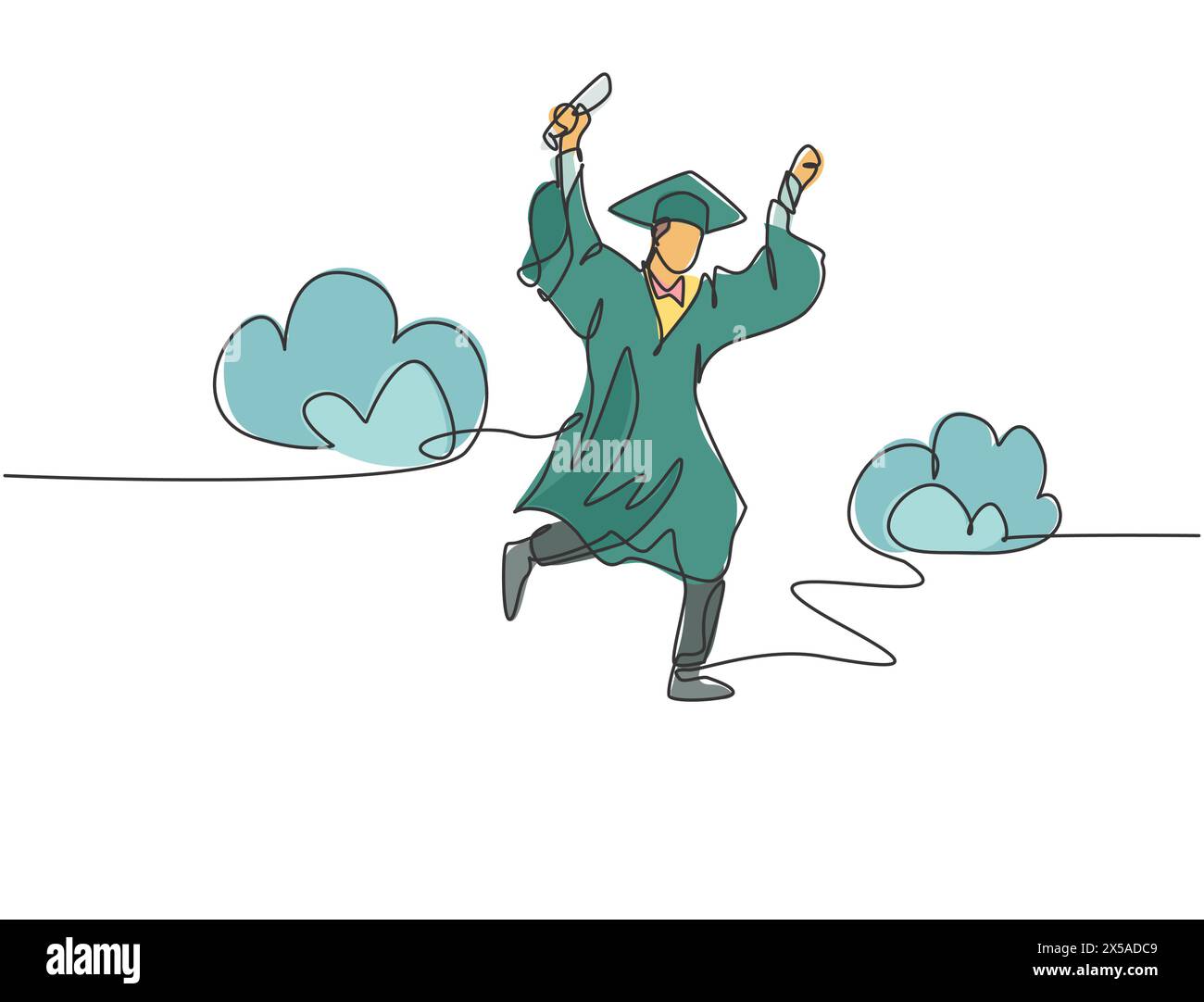 Single line drawing of young happy college student jumping high to ...