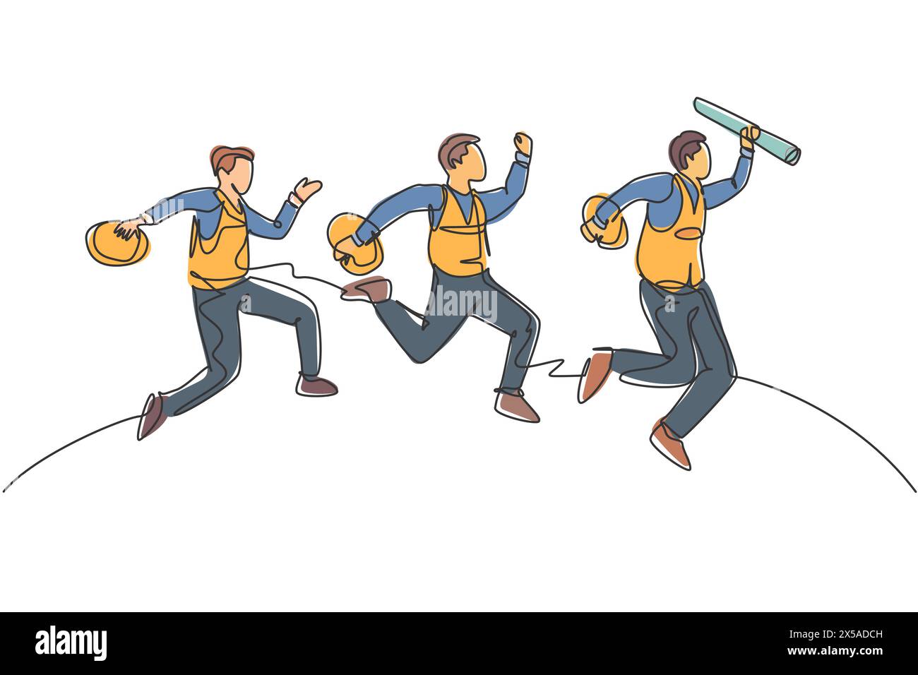 One line drawing of young happy worker construction and architect ...