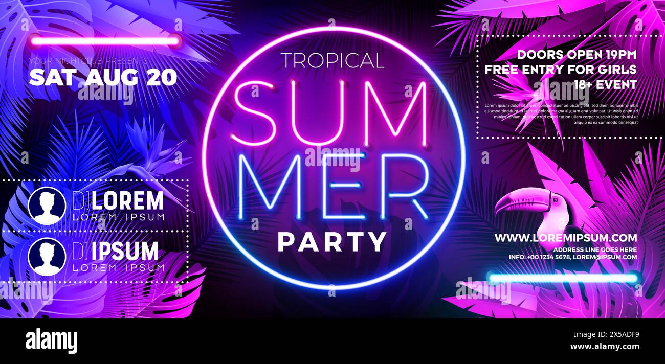 Summer Party Banner Design Template with Glowing Neon Light on ...