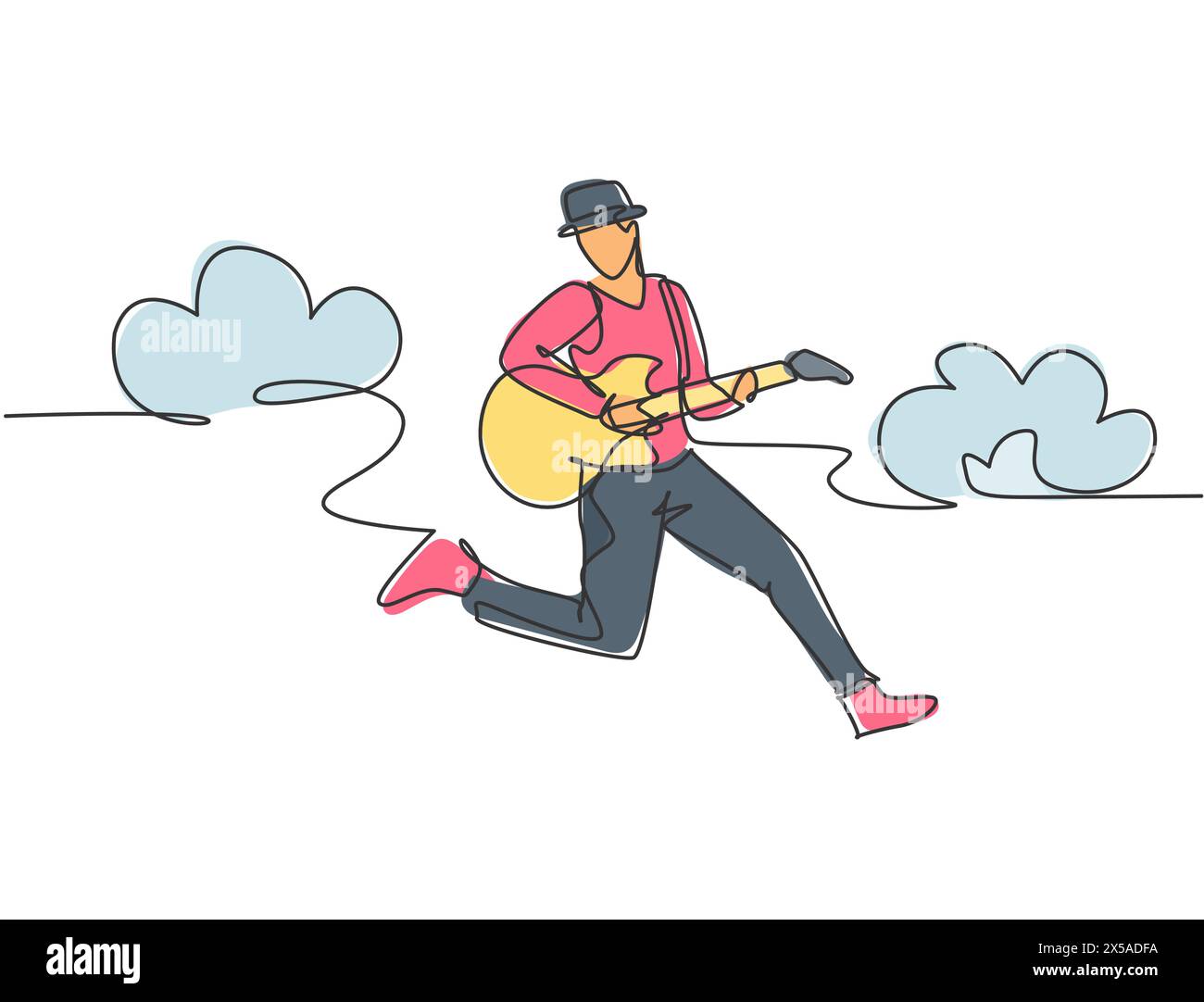Single line drawing of young energetic guitarist jumping at stage and ...