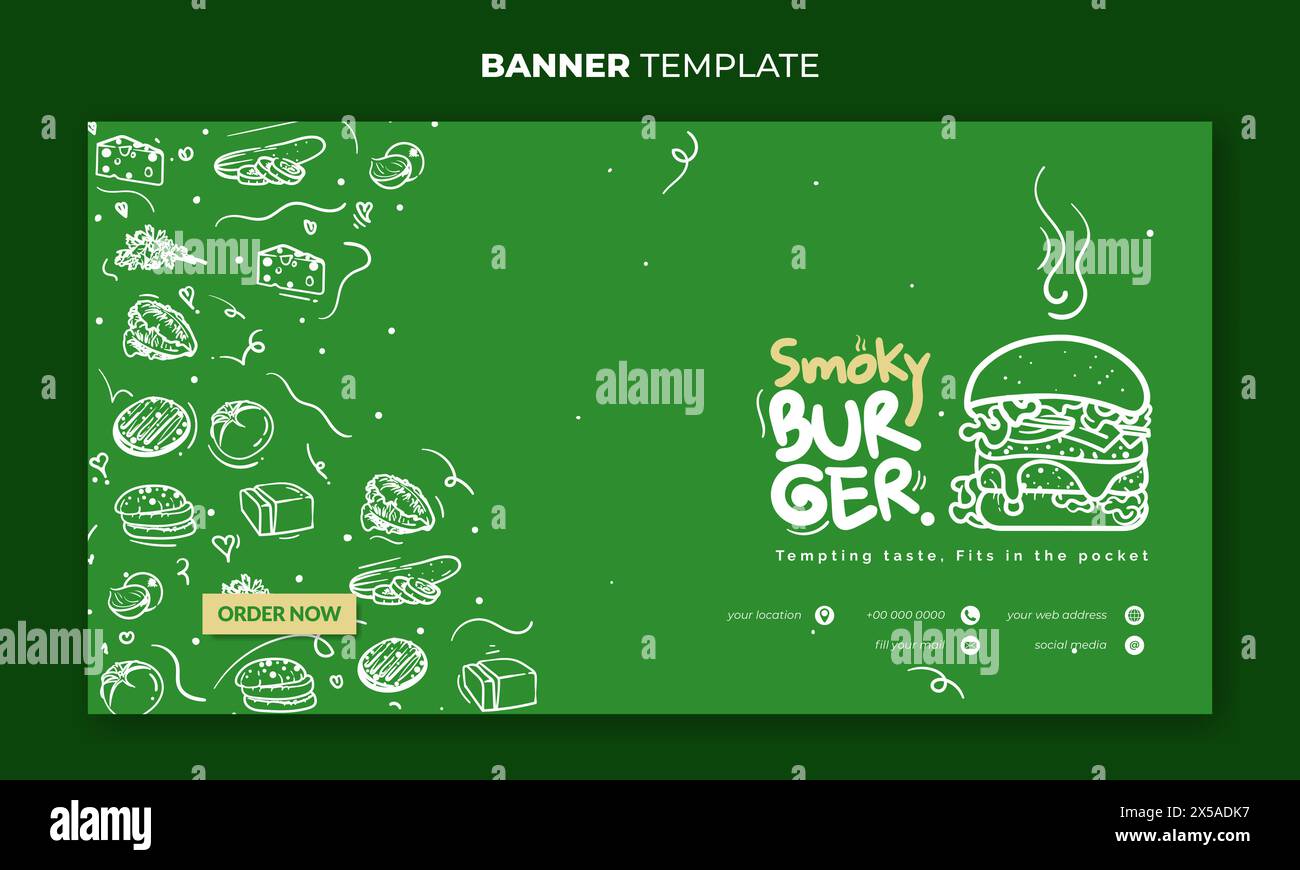 Green banner template with hand drawn of burger ingredients background ...