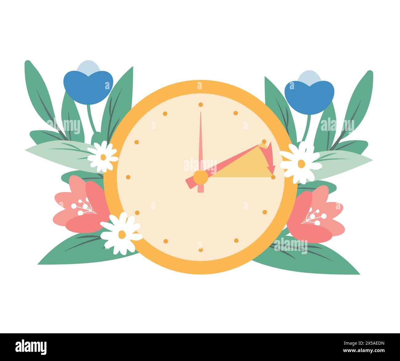 Spring forward concept in flat style, change clock forward one hour ...