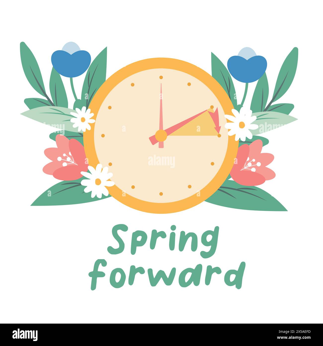 Spring forward concept in flat style, change clock forward one hour ...