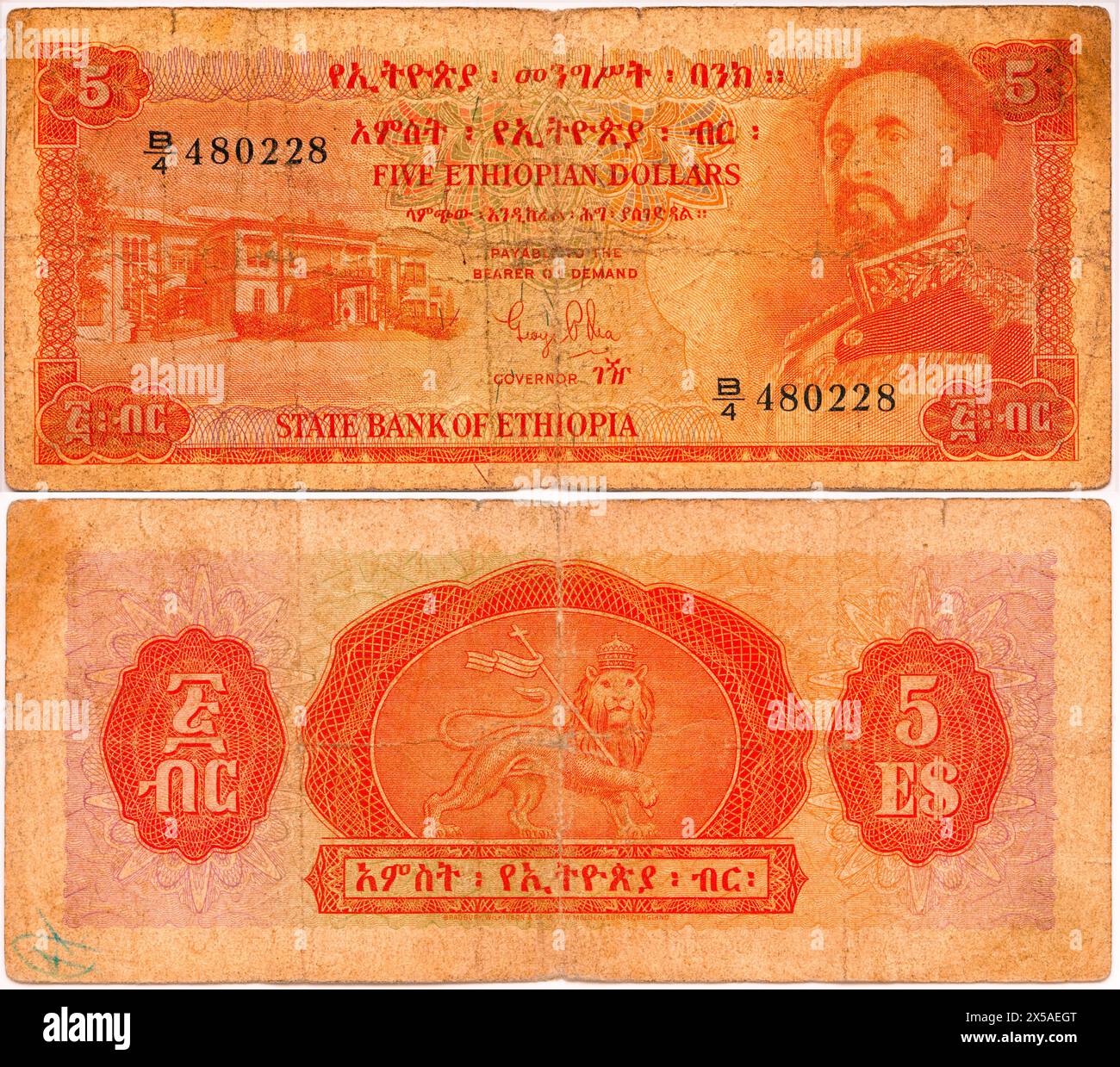 Ethiopia 1970s, Five Ethiopian Dollars banknote, recto and verso both ...