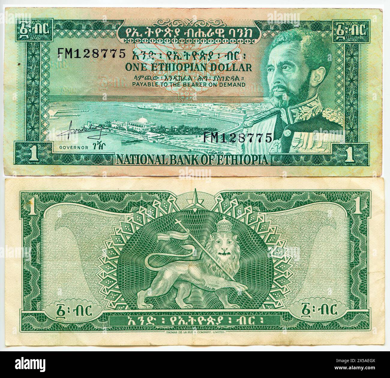 Ethiopia 1970s, One Ethiopian Dollar banknote, recto and verso both ...