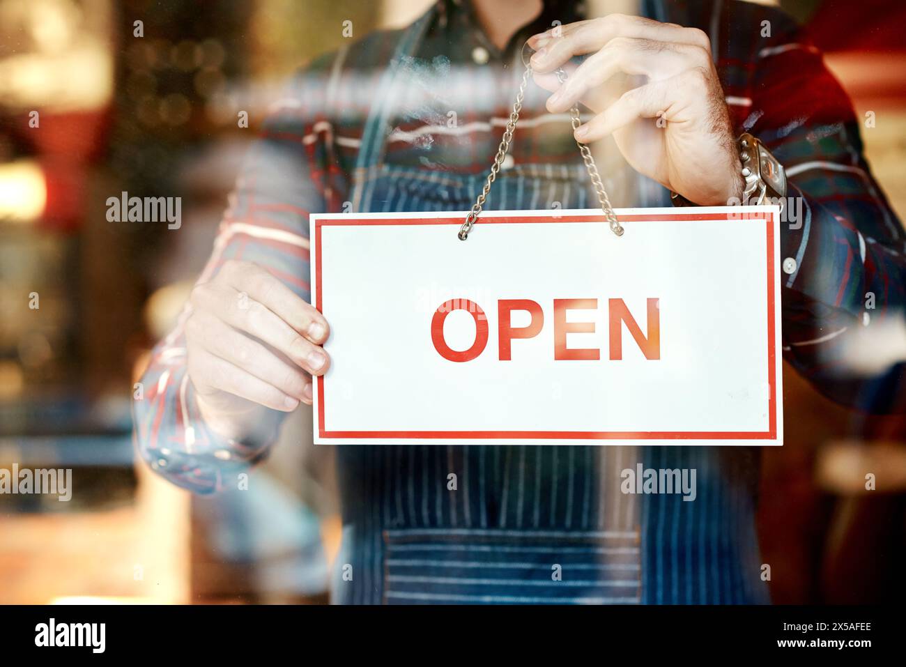 Open, sign and person at window of cafe for small business, information ...