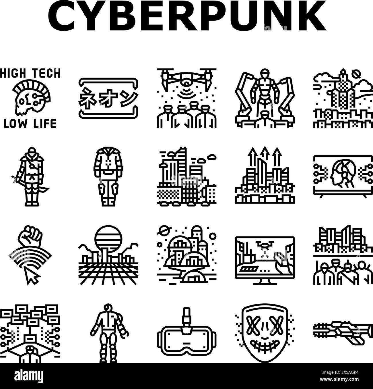 cyberpunk digital city future icons set vector Stock Vector Image & Art ...