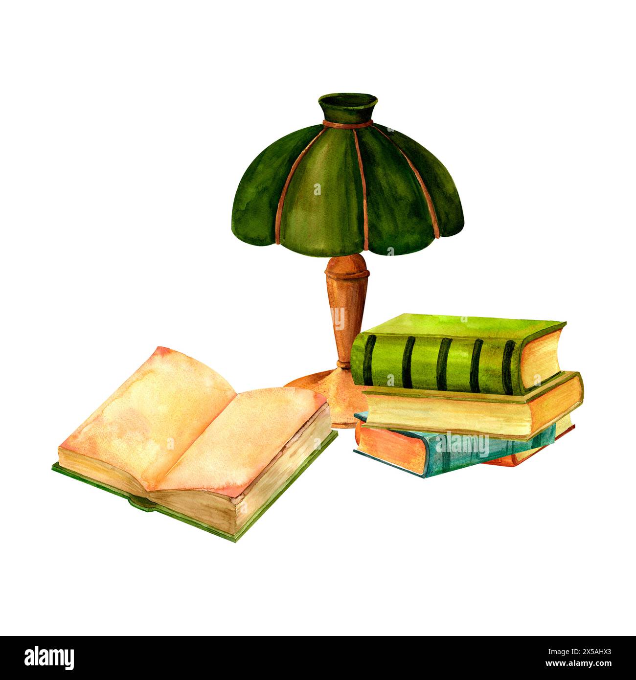 A lamp with a green shade, antique reding books composition watercolor ...