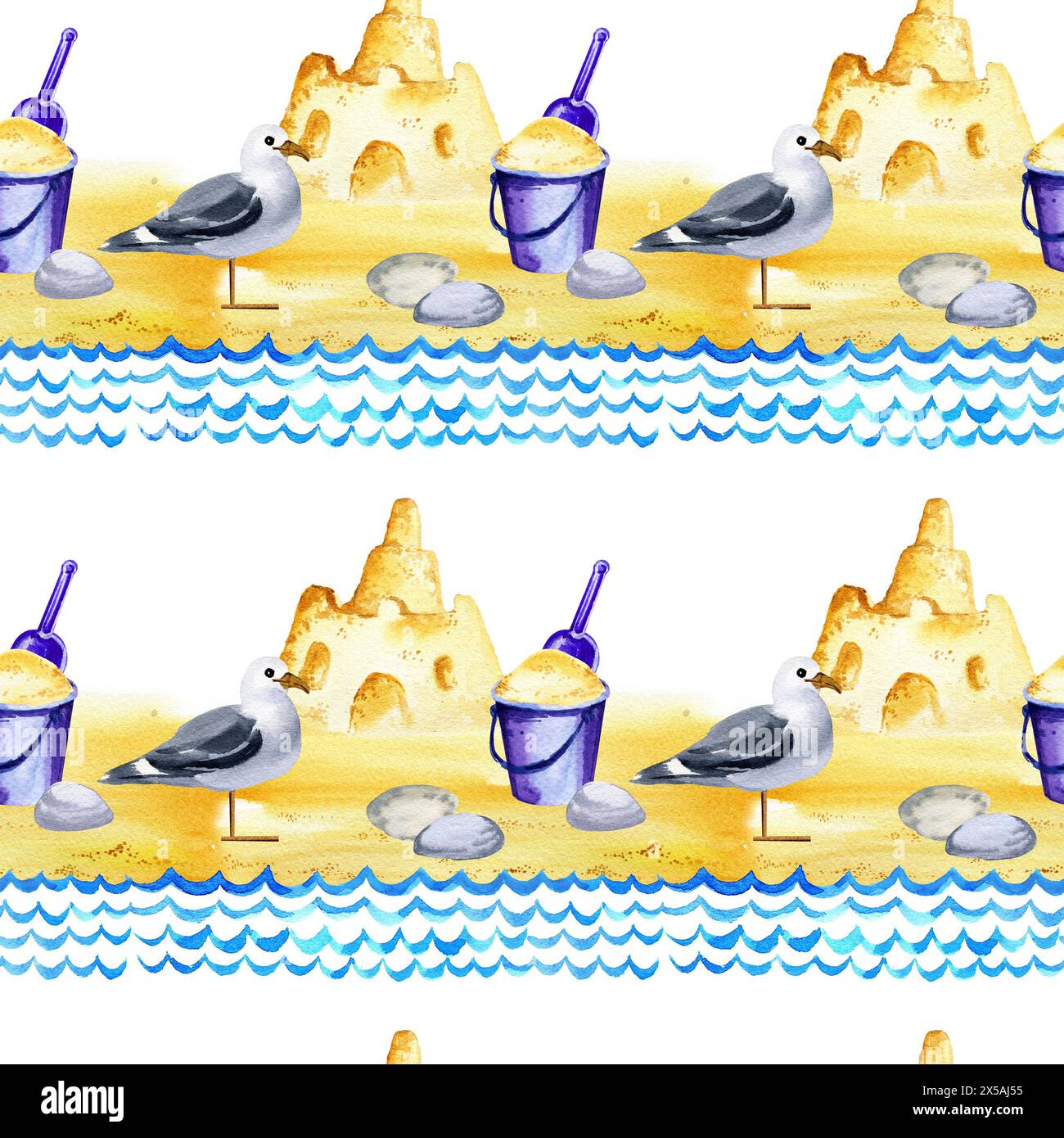Watercolor seamless pattern of summer theme, yellow sand castle, blue ...