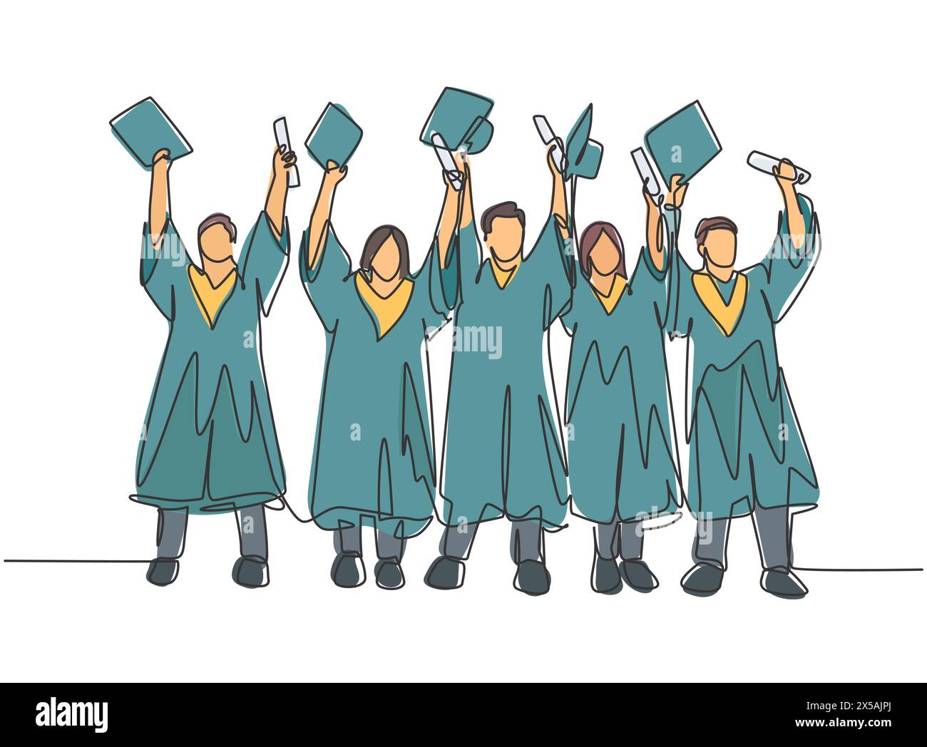 One single line drawing of group of male and female college student ...