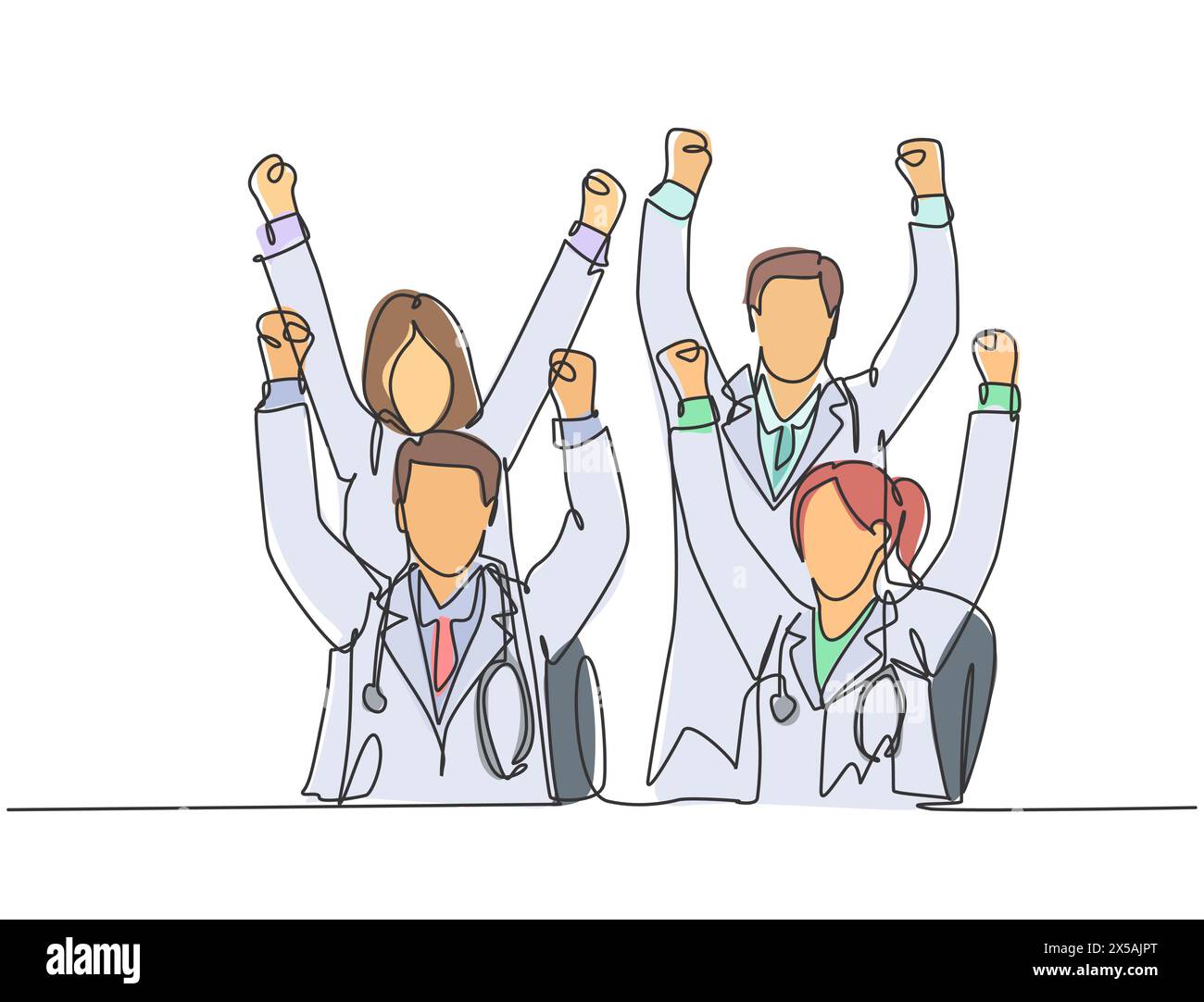 One continuous line drawing of group of male doctor and female doctor ...