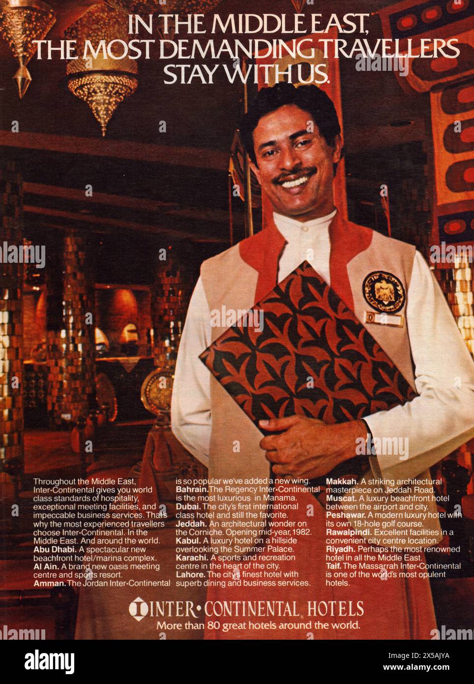 Intercontinental Hotels vintage paper commercial, smiling waiter in ...