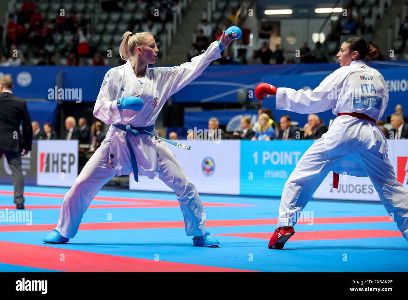 Zadar, Croatia. 08th May, 2024. Lea Vukoja (blue) of Croatia and Pamela ...