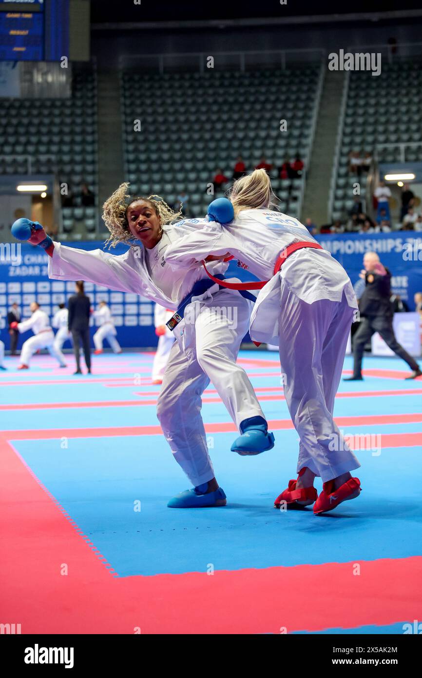 Zadar, Croatia. 08th May, 2024. Lea Vukoja (red) of Croatia and Maria ...