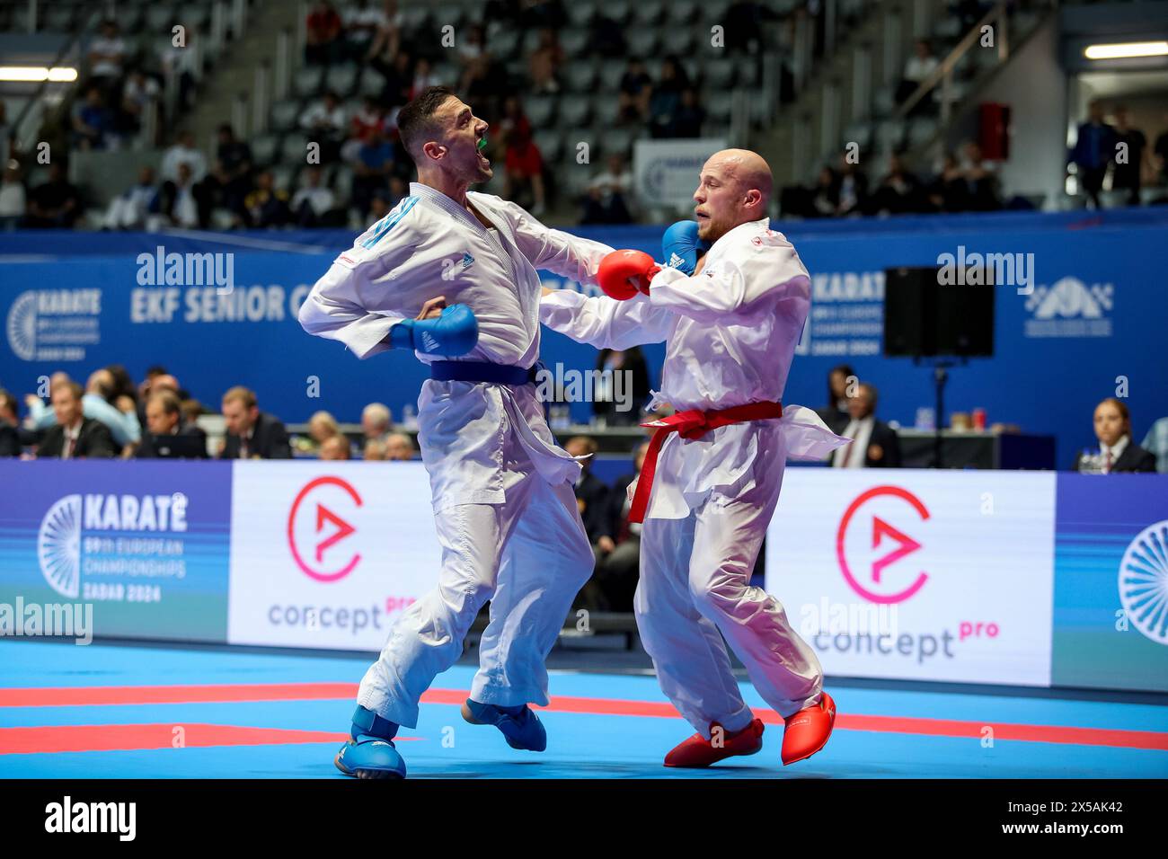 Zadar, Croatia. 08th May, 2024. Ivan Kvesic (blue) of Croatia and ...