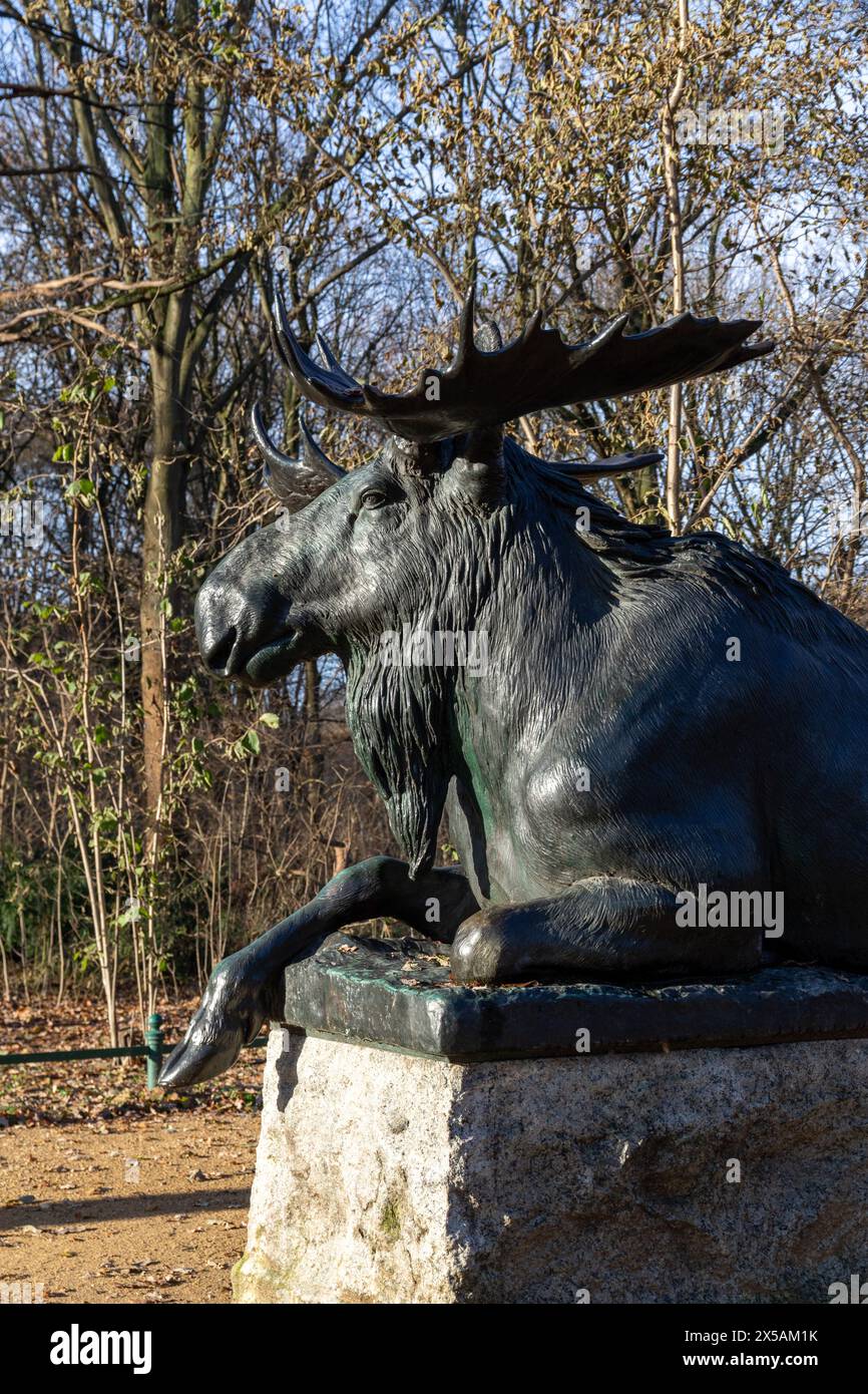 Berlin, Germany - Dec 16 2023: Moose statue in sunlight in Floraplatz ...
