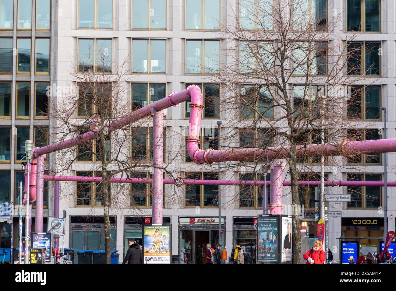 Berlin, Germany - Dec 16 2023: Street scene with pink piping ...