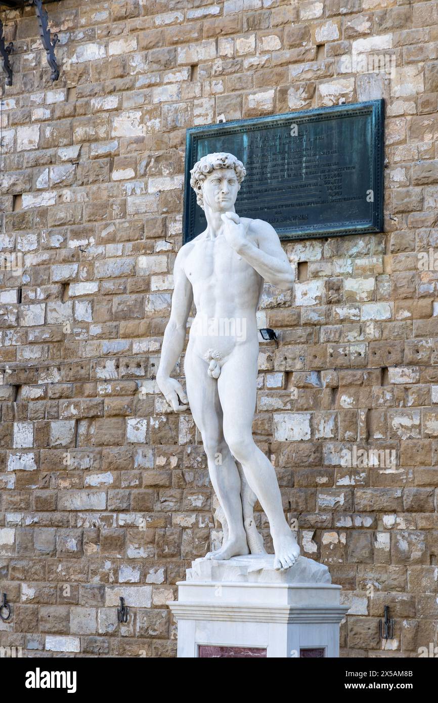 Florence, Italy - Sep 09 2023: Replica statue of David outside palazzo ...