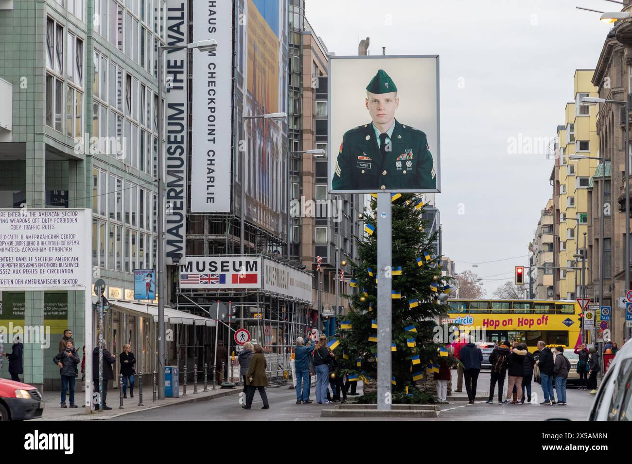 Berlin, Germany - Dec 16 2023: Checkpoint charlie with christmas tree ...