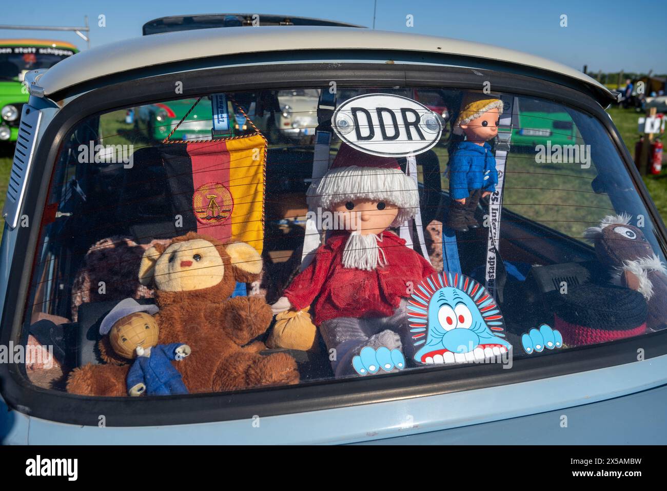 Anklam, Germany. 08th May, 2024. A Trabant vehicle is decorated with ...