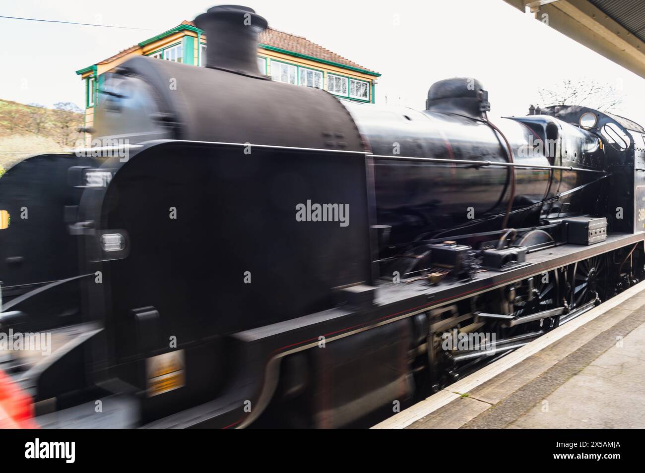 Black steam engine at Corfe, Dorset, England on a heritage steam line ...