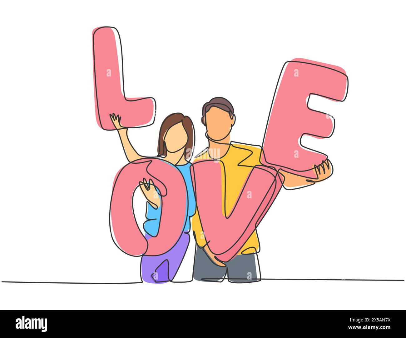 One single line drawing of young happy couple man and woman holding ...