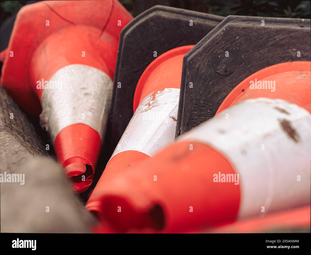 traffic cones piled together close up of reflective red traffic calming ...