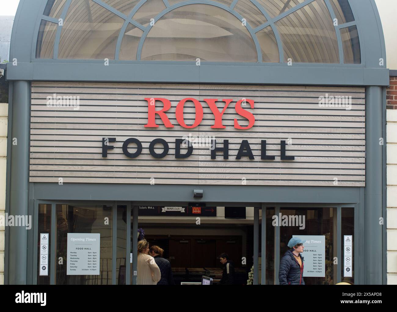 Wroxham, Norfolk, England, April, 2024, the entrance to Roy's food hall ...