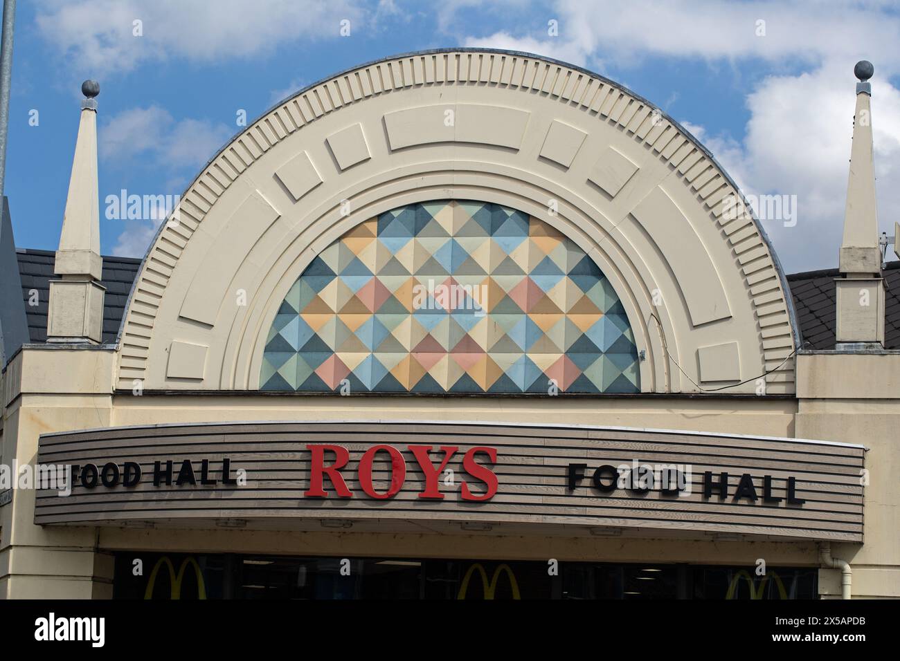 Wroxham, Norfolk, England, April, 2024, the entrance to Roy's food hall ...