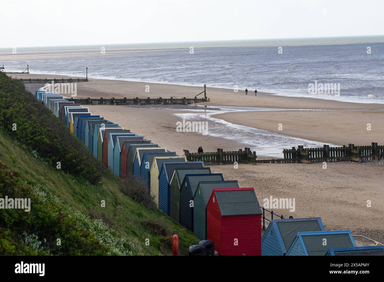 Mundesley, Norfolk, England, April, 2024, beach huts at Mundesley beach ...