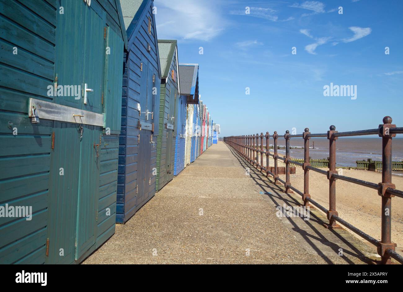 Mundesley, Norfolk, England, April, 2024, beach huts at Mundesley beach ...