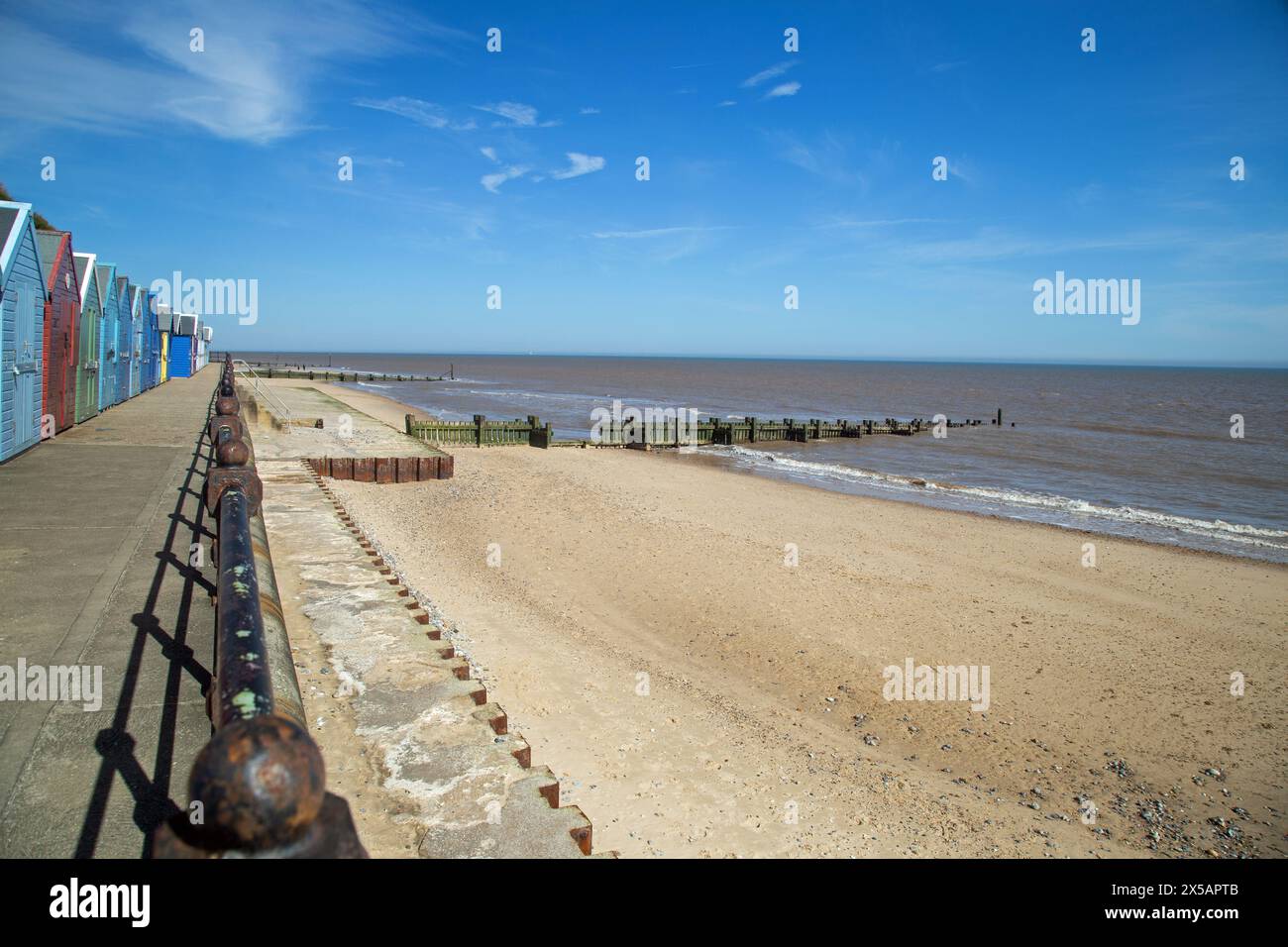 Mundesley, Norfolk, England, April, 2024, beach huts at Mundesley beach ...