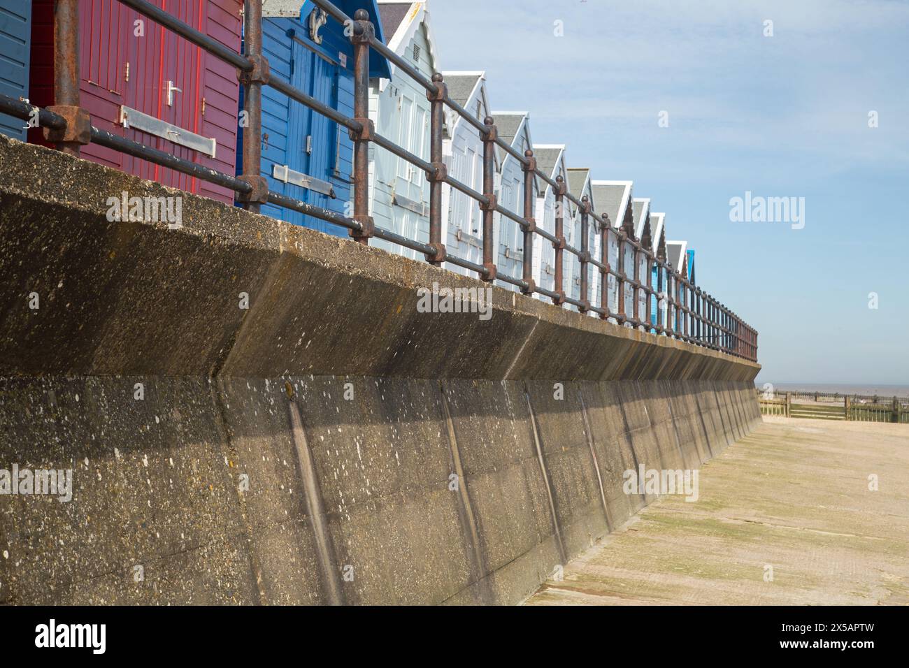 Mundesley, Norfolk, England, April, 2024, beach huts at Mundesley beach ...