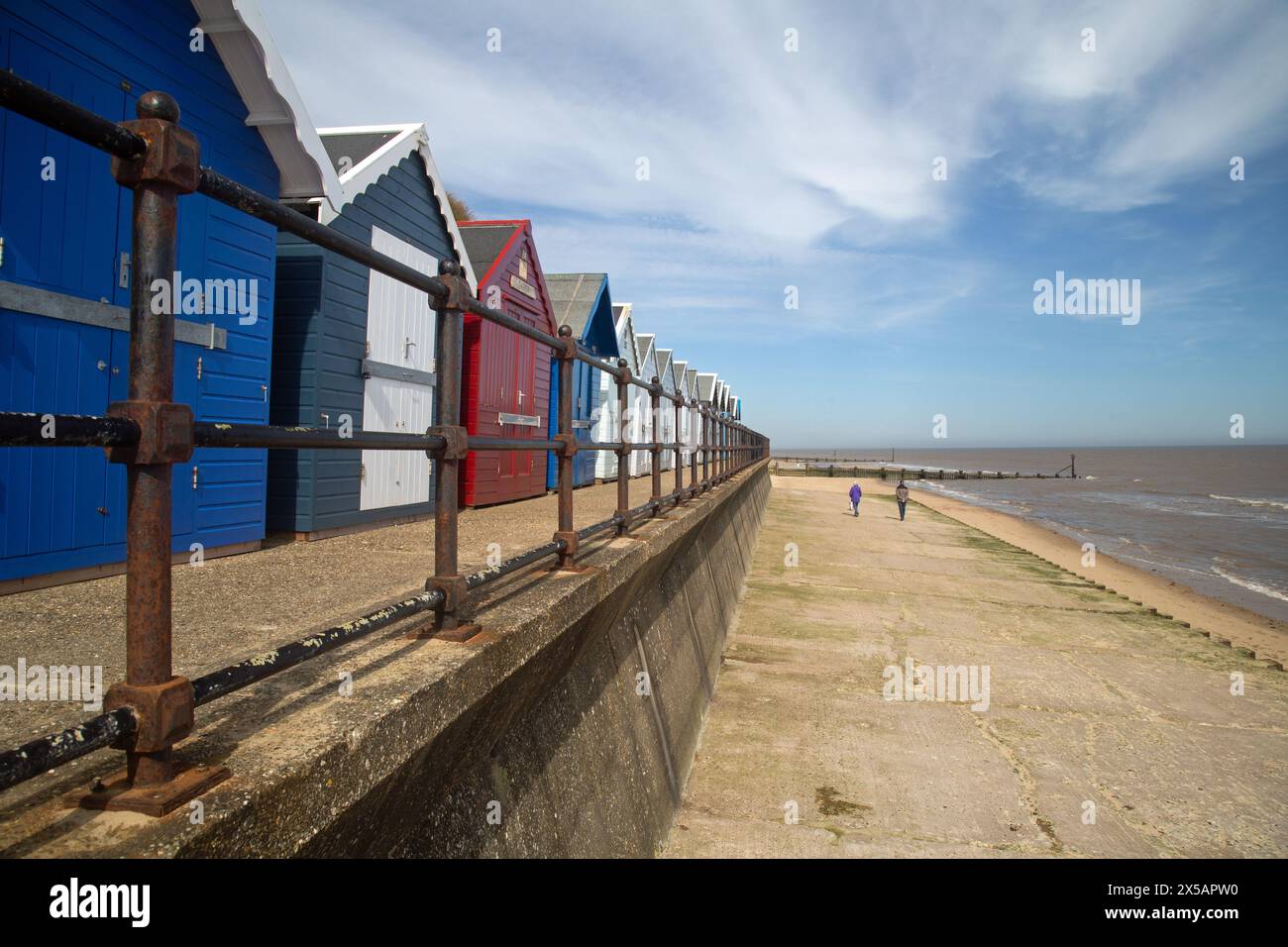 Mundesley, Norfolk, England, April, 2024, beach huts at Mundesley beach ...