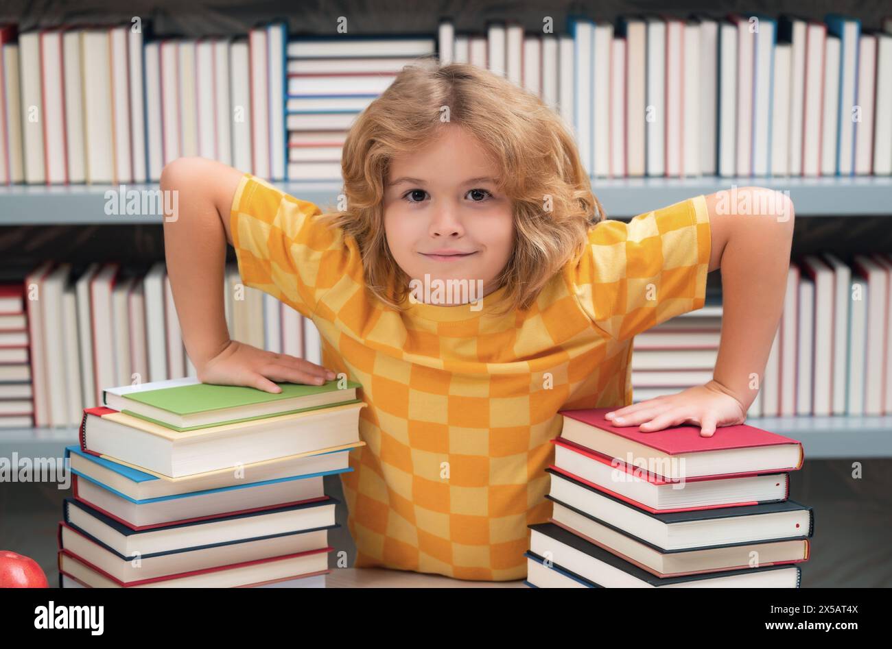 Nerd pupil. Schoolboy reading book in library. Kids learn to read ...