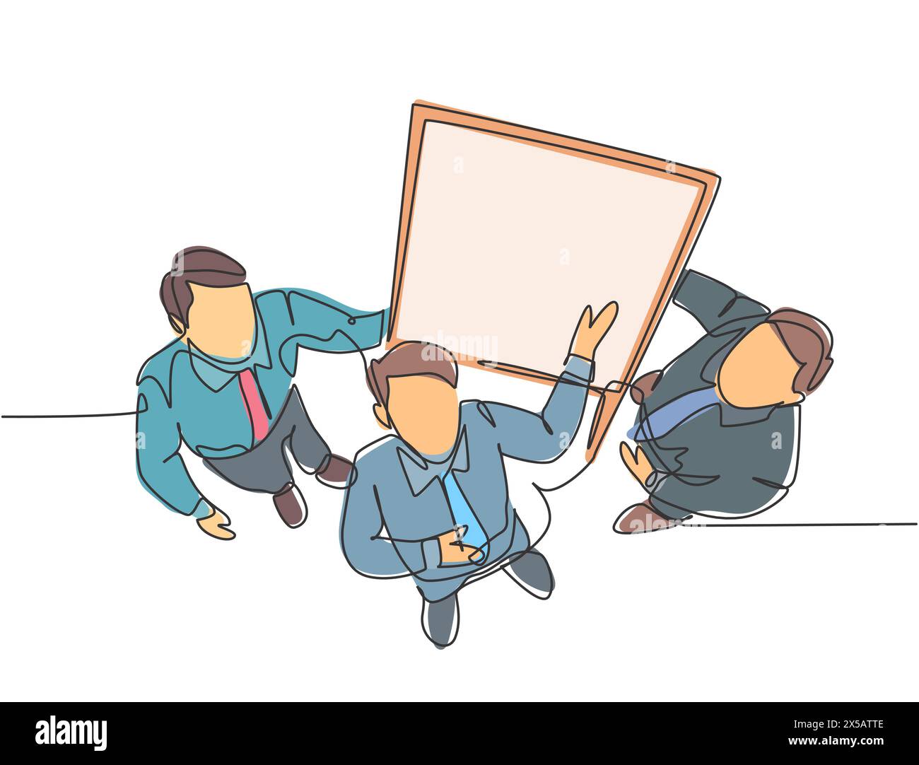 One continuous line drawing of young happy business men meeting using ...