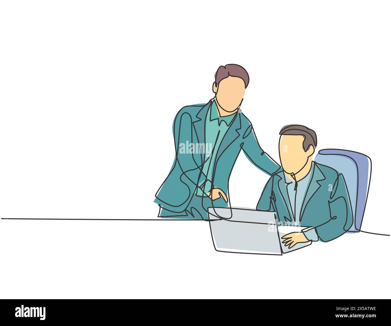 Single continuous line drawing of young manager discussing work plan ...