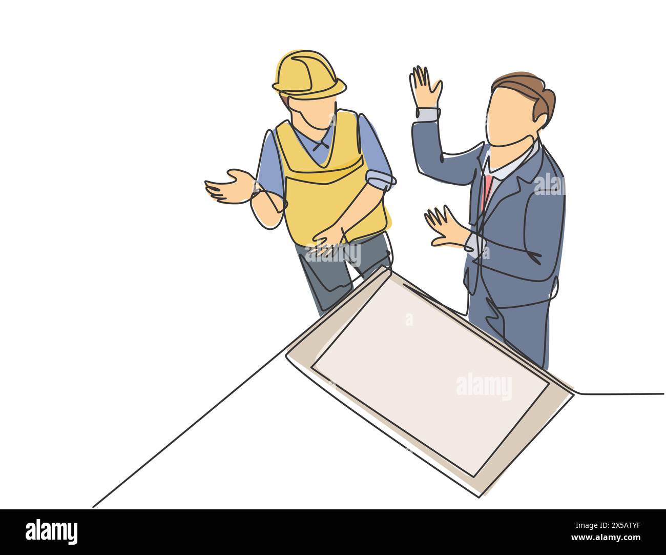 Single continuous line drawing of young architect and foreman ...