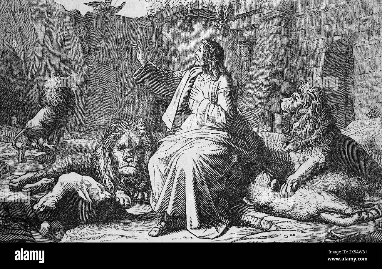 Wood Engraving of Daniel in the Lions Den and an Angel of the Lord "My ...