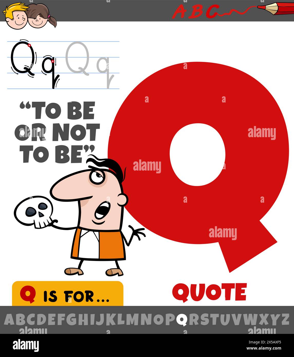 Educational cartoon illustration of letter Q from alphabet with quote ...