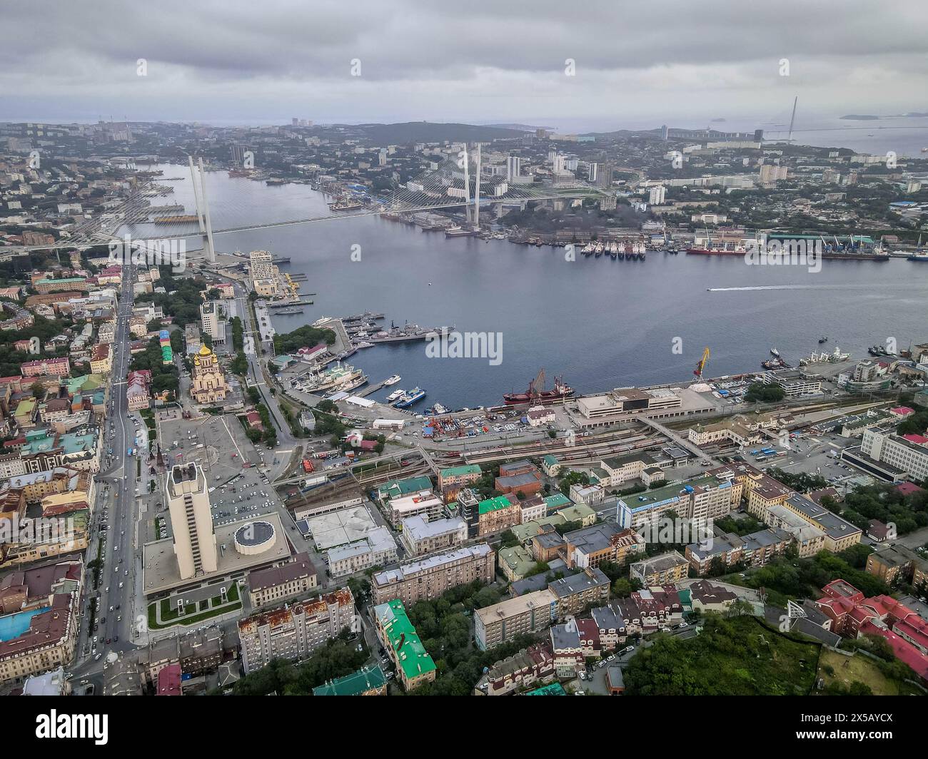 The aerial view of Vladivostok downtown, the Golden Horn (Zolotoy Rog ...