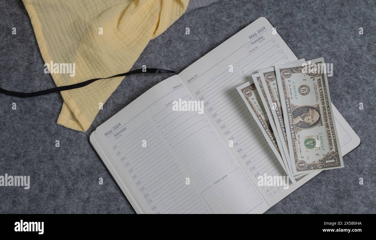 Accountant workplace with copyspace, top view. Money, notebook economy ...