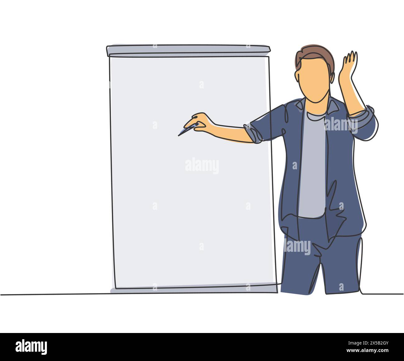 One continuous line drawing of young presenter pointing finger on ...