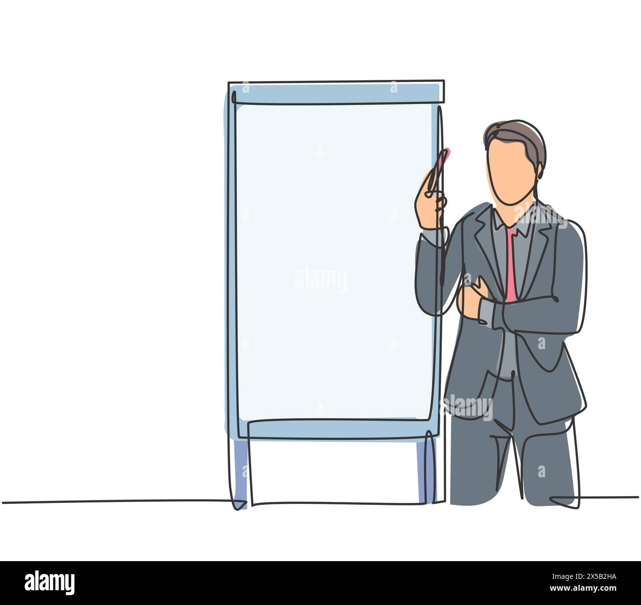 One continuous line drawing of young presenter watching mess data graph ...