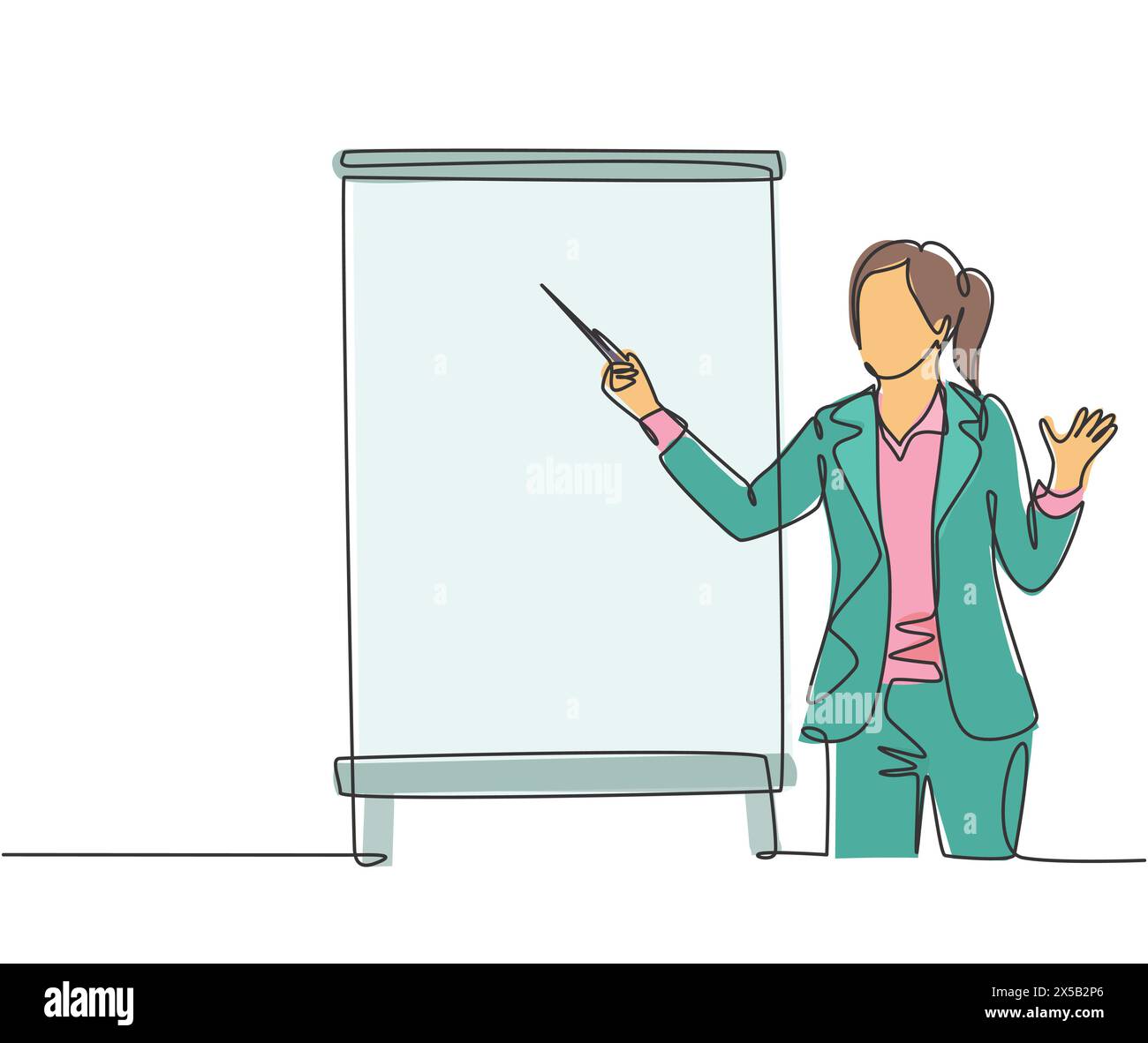 One single line drawing of young female presenter pointing the finger ...