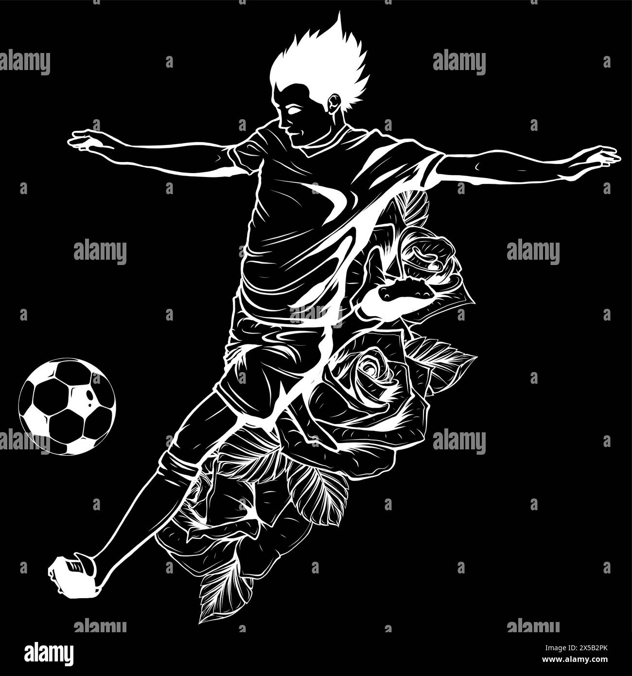 white silhouette of Soccer player kicking ball on black background ...