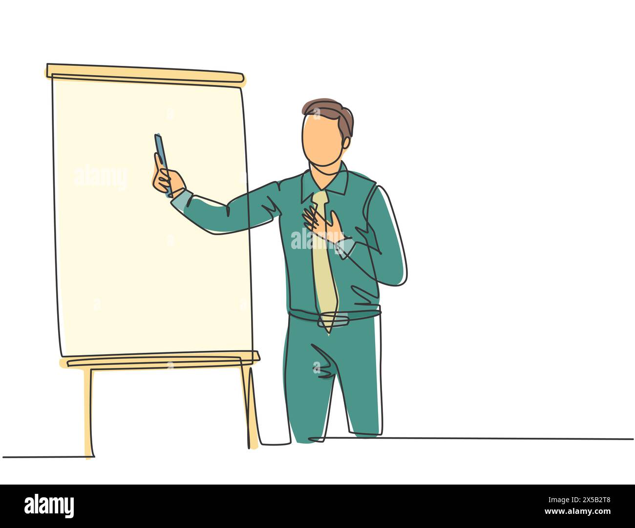 One single line drawing of young presenter explaining business strategy ...