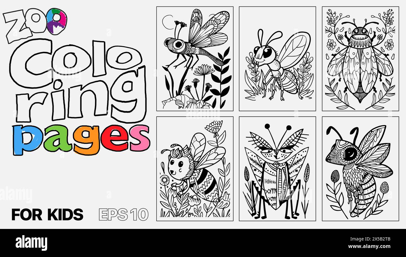 A set of six insect coloring pages for kids. The pages feature ...