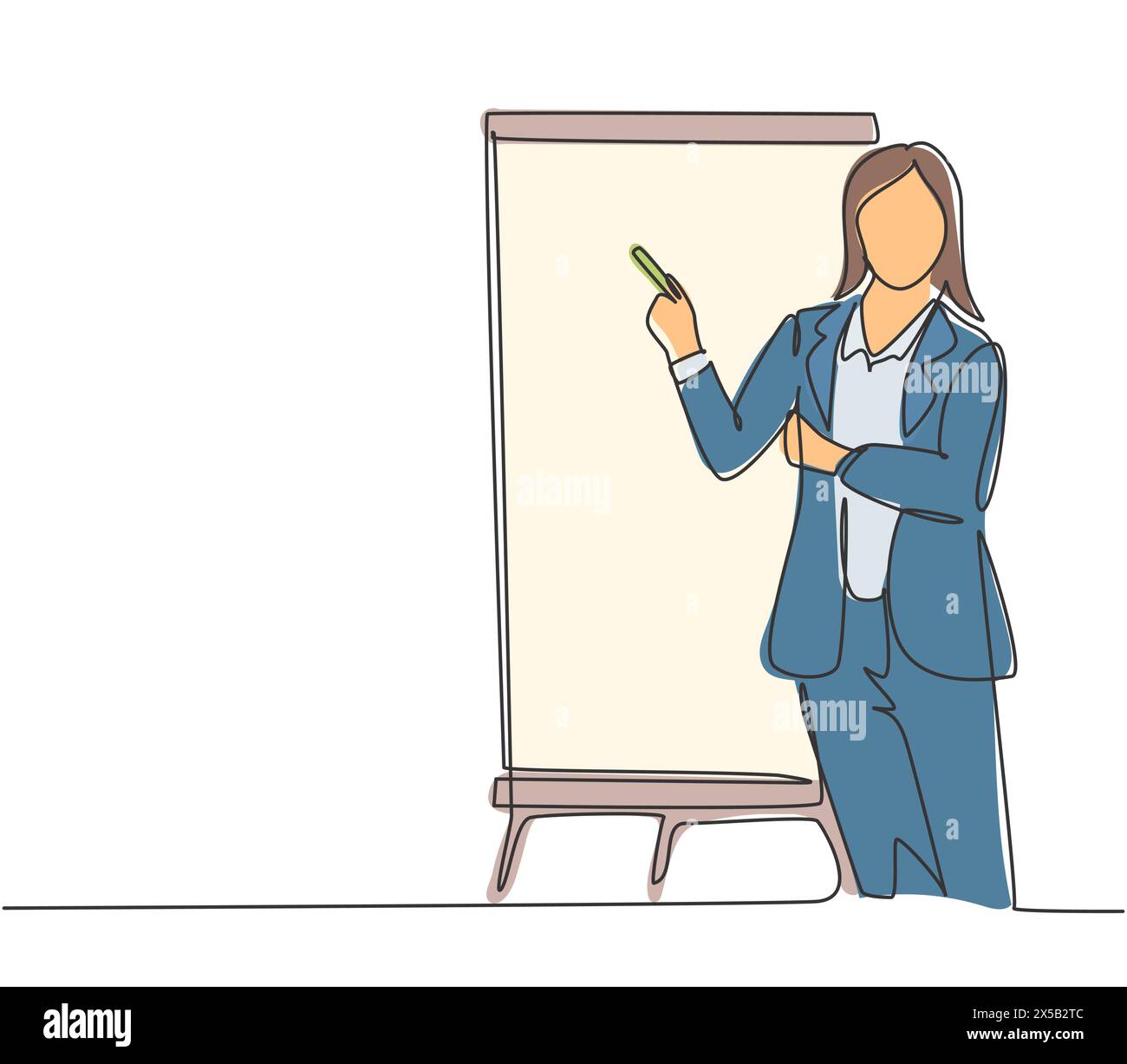 One single line drawing of young female presenter thinking while doing ...